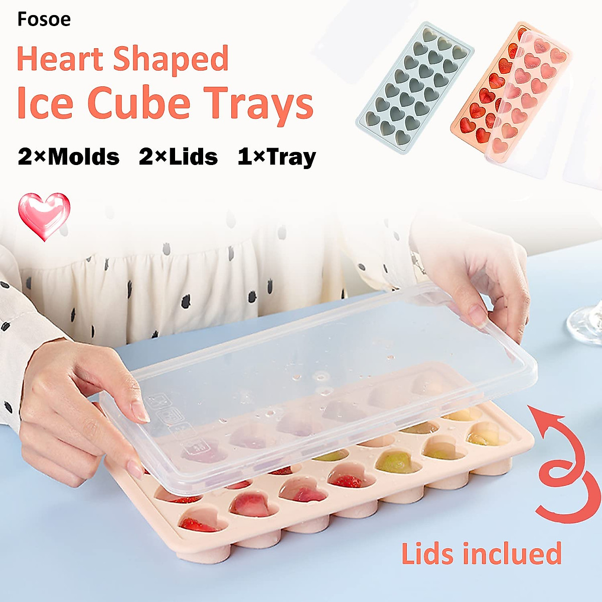 2 Pack Heart Shpaed Ice Cube Trays with Lids, Heart ice Molds, 42 Holes Silicone Heart Ice Cube Molds for Whiskey, Cocktail, Fun Shapes Ice Cubes, Chocolate, Candle, Candy, Jelly, Jello - with Lids