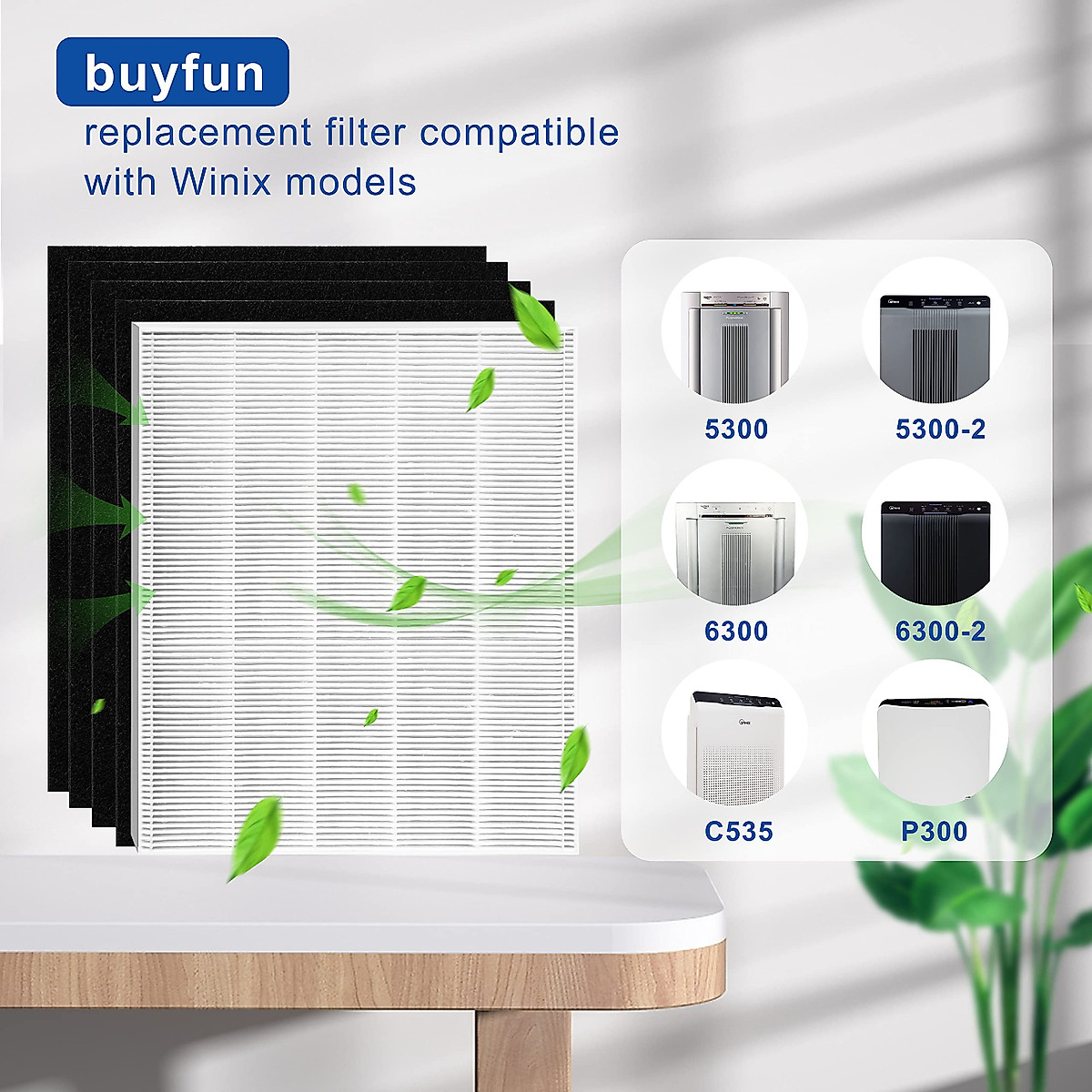 buyfun 115115 Size 21 Replacement Filter A H13(MERV 17) True HEPA Filter Compatible with Winix C535, PlasmaWave 5300, 5300-2, 6300, 6300-2, P300 Plasma wave, 1×HEPA filter+4×carbon filter