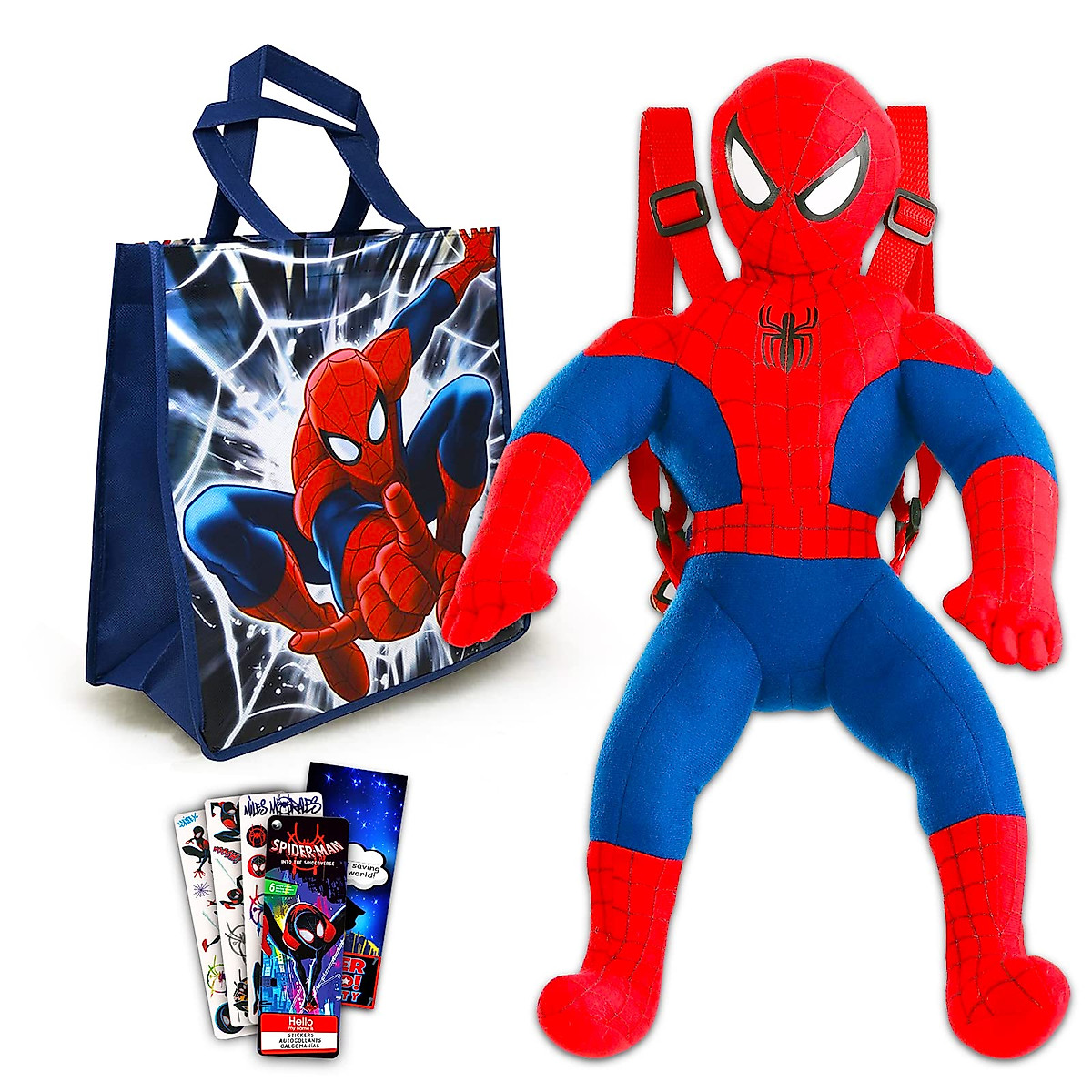 Marvel Spiderman Plushie and Tote Bag Set - Bundle with 20" Spiderman Plush Doll with Carrying Straps Plus Tote Bag, Stickers, and More (Spiderman Gifts)
