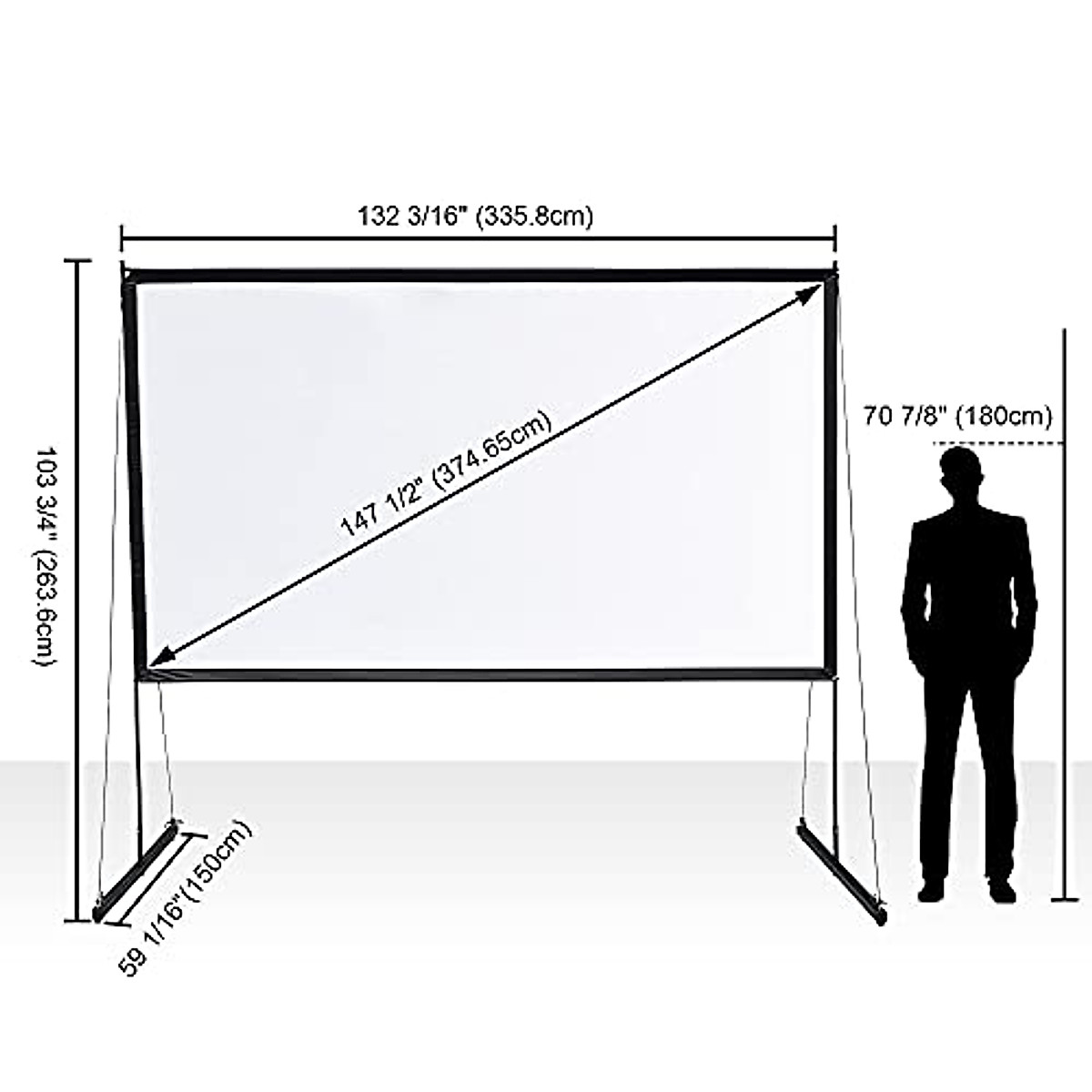 150" PVC Diagonal Portable Detachable Projector Screen with Stand - Detachable 160 Degree Wide Viewing 1.1 Gain & 16:9 Aspect Ratiosupports 2D 3D 4K HD Projection Outdoor Open-air Movie (150")