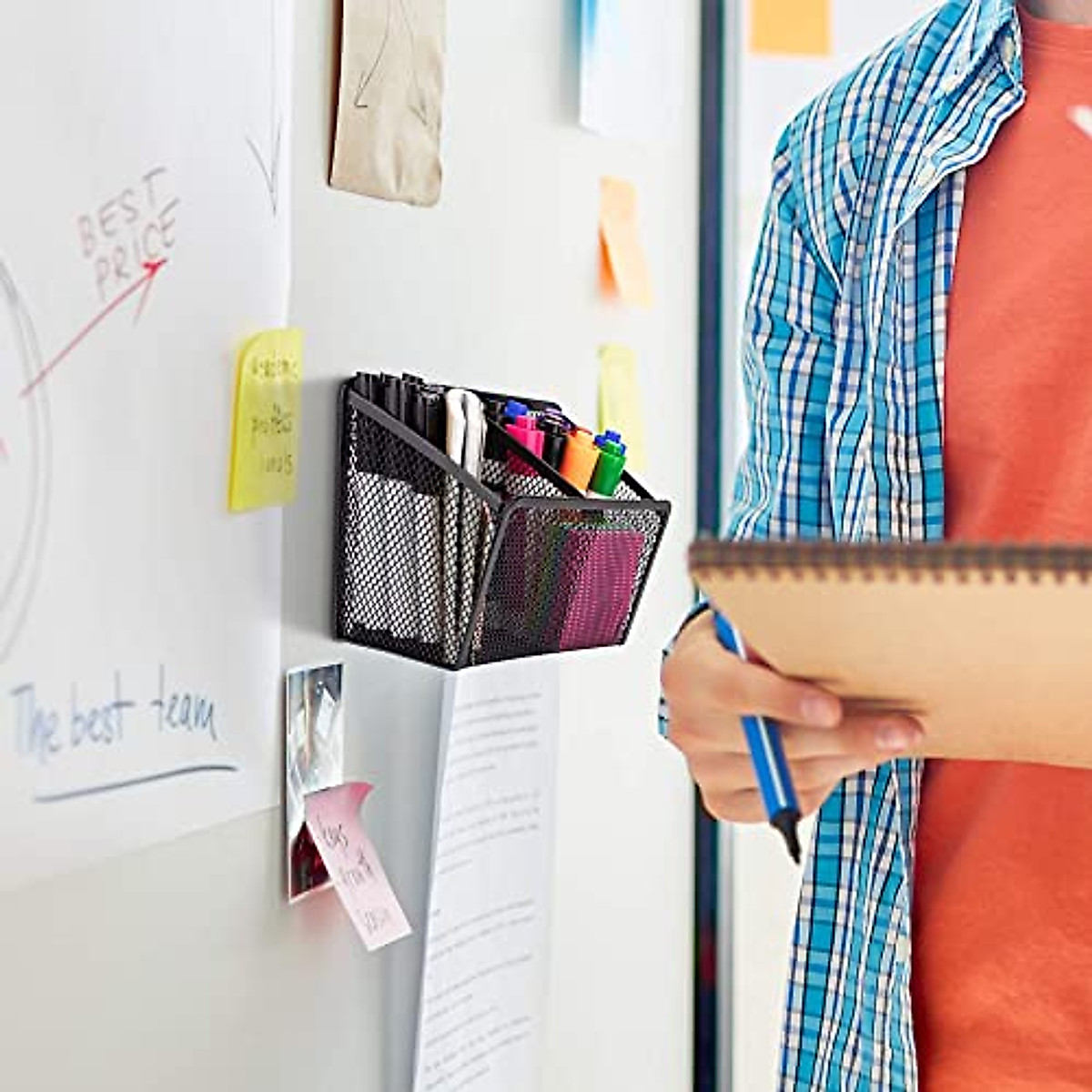 Workablez Pencil Holder for Desk, Magnetic Pen Holder for Refrigerator, Magnetic Marker Holder for Whiteboard, 2 Large Mesh Storage Compartments – Black