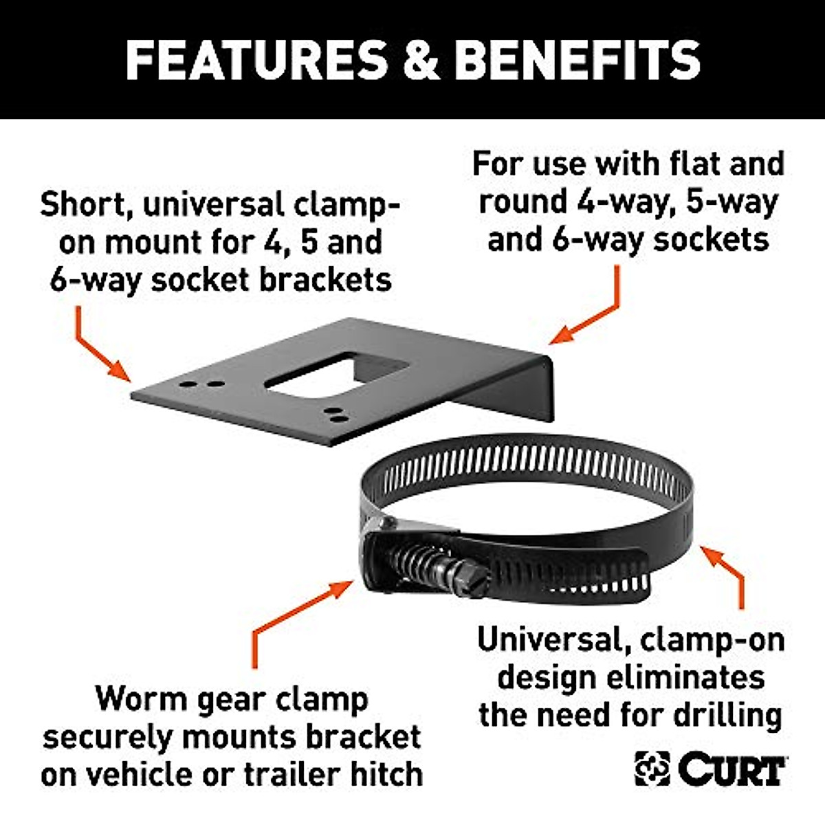 CURT 57204 Vehicle-Side Trailer Wiring Harness Clamp-On Bracket Mount for 4-Way, 5-Way or 6-Way GLOSS BLACK POWDER COAT