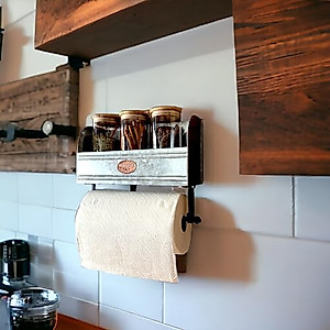 KOTINARA Rustic Paper Towel Holder Wall Mount - Farmhouse Paper Towel Holder with Spice Rack - Galvanized Bathroom Paper Towel Holder - A Farmhouse Kitchen and Bathroom Wall Decor