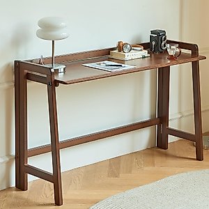 Solid Wood Folding Desk Mid Century Modern Desk, 47'' Foldable Writing Computer Desk for Home Office, Simple Study Makeup Workstation, Wooden Study Office Desk Table for Small Spaces, Walnut Color