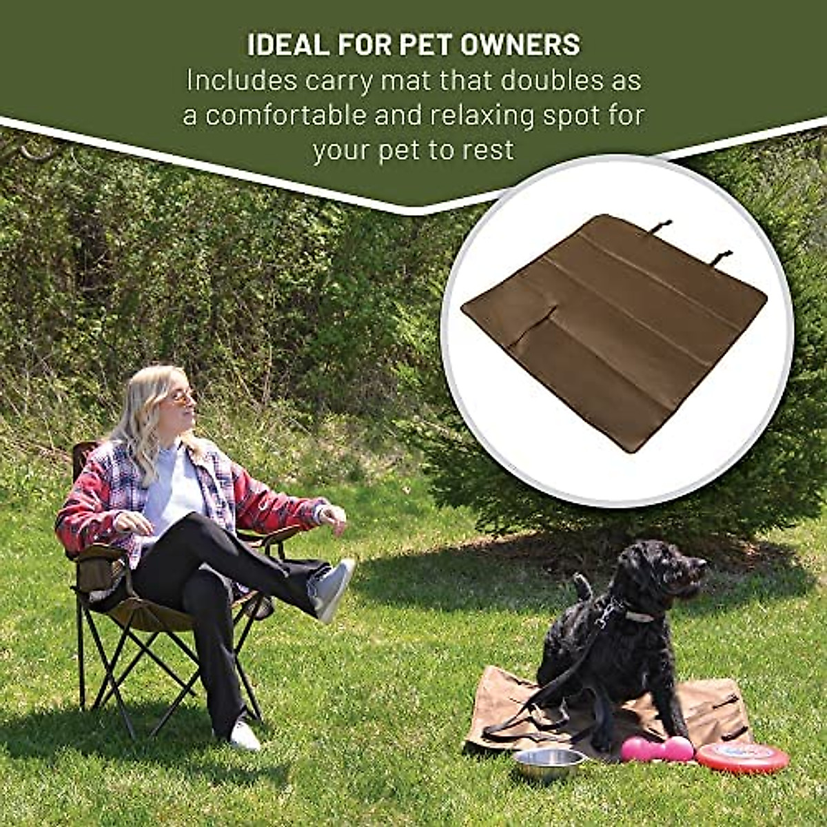 TIMBER RIDGE Collapsible Armrests Cup Holder & Carry Mat & Pet Leash Heavy Duty Foldable Chair for Outdoor Lounge Lawn Beach, Support 300 lbs, Earth Brown