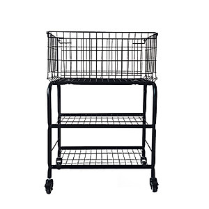 HENNZE Rolling Laundry Basket on Wheels,3 Tiers- Garment Storage Cart,Easy Moved Basket for Organizer,Black Metal Basket with Wheels, Garment Metal Rack for Clothes Wash and Dry Sort（Black