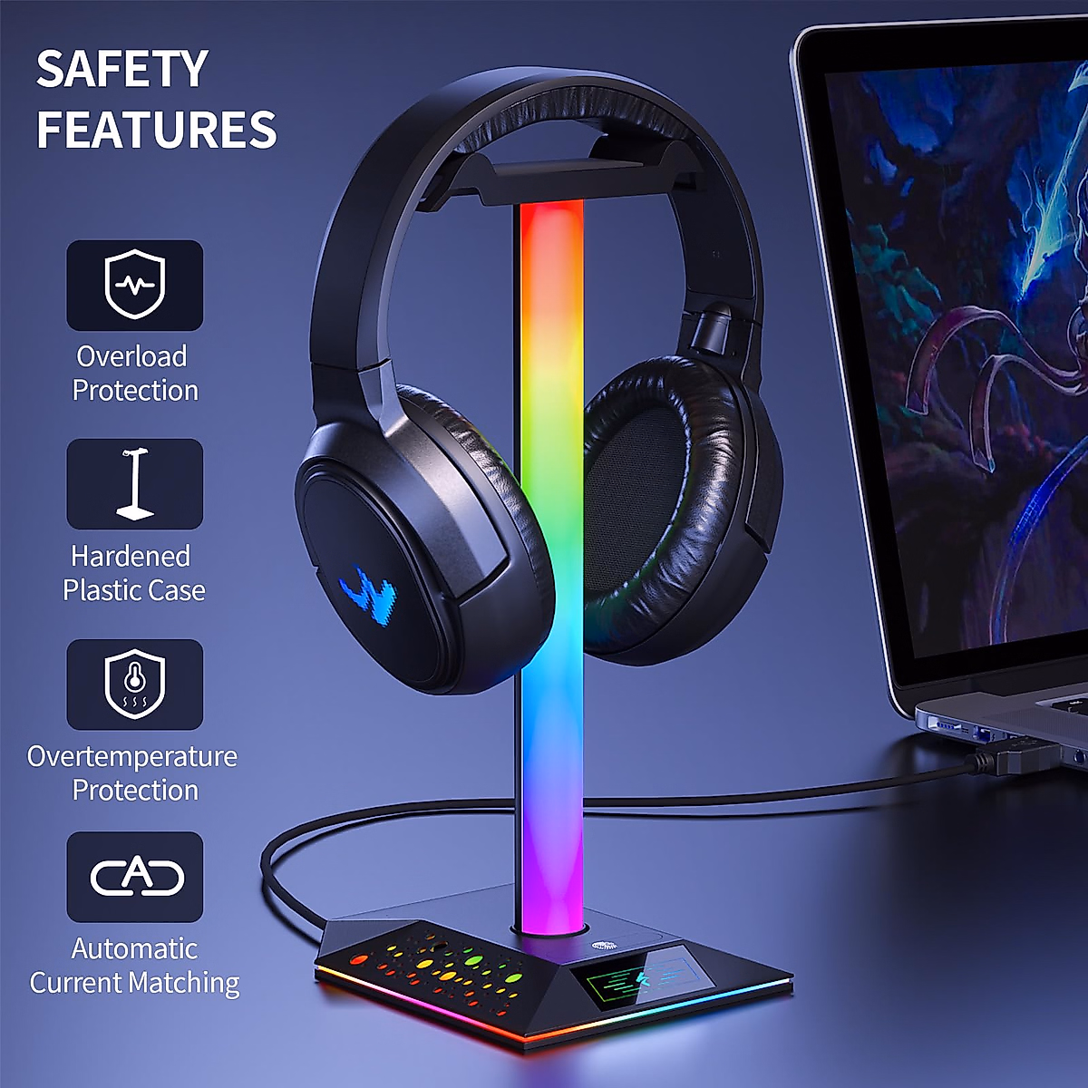 Gaming Headphone Stand PC Accessories - RGB Headset Stand with 2 USB Charger, Cool LED Headphone Holder PC Gaming Accessories Gift for Boys Men Gamers, Computer Game Hardware for Desk