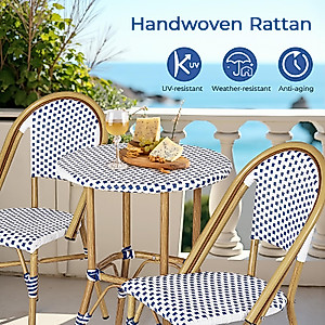 3 Piece Patio Bistro Set , French Wicker Outdoor Bistro Set with Round Table and 2 Dining Chairs , ‎Aluminum Wicker Furniture, All Weather Outdoor Patio Conversation Set for Garden Balcony Cafes Yard