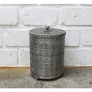 SEHAMANO Rose Patterned Antique Wastebasket, Vintage Decorative Small Trash Can, Garbage Container Bin for Vanity, Bedroom, Kitchen, Powder Rooms, Home Office Rubbish Bin (Small, Tin (Gray))
