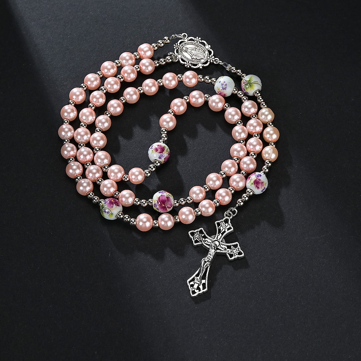8mm Pink Pearl Beads Catholic Rosary Large Ceramics Bead Rosary Silver Beaded String Necklace Miraculous Medal Crucifix Cross Gift for Women