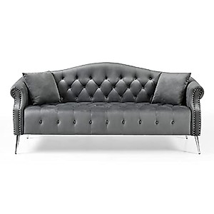 LIADTOP, 78.7" Classic Chesterfield Velvet Sofa Contemporary Upholstered Couch with Button Tufted and Rolled Arms, 2 Pillows Included, 3 Seater,Grey