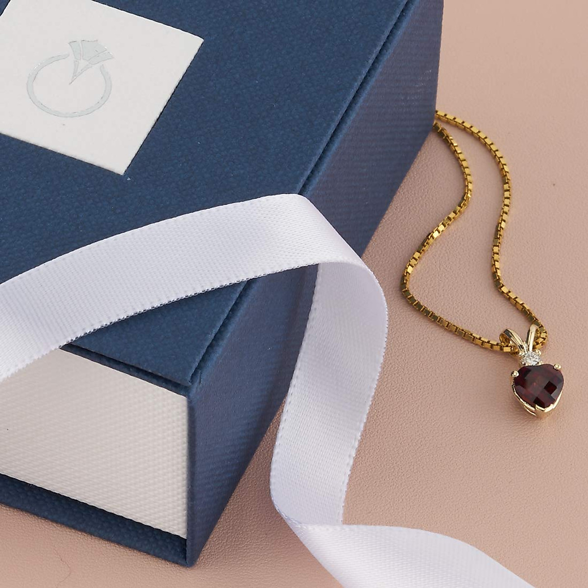 PEORA Garnet with Diamond Heart Pendant for Women 14K Yellow Gold, Genuine Gemstone Birthstone Heart Shape Solitaire, 6mm, 1.35 Carats total