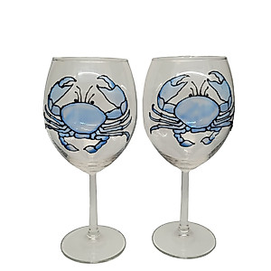 Blue Crab Hand Painted Stained Glass Stemmed Wine Glasses Set of 2