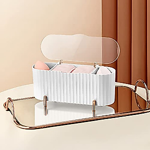 CGBE Qtips Holder, 3 Grids Separate Cotton Swabs Dispenser, Cotton Ball Holder with Clear Lid, Cotton Swab Holder Storage Box Bathroom Organizer for Cotton Pads Swabs Rounds Balls -White