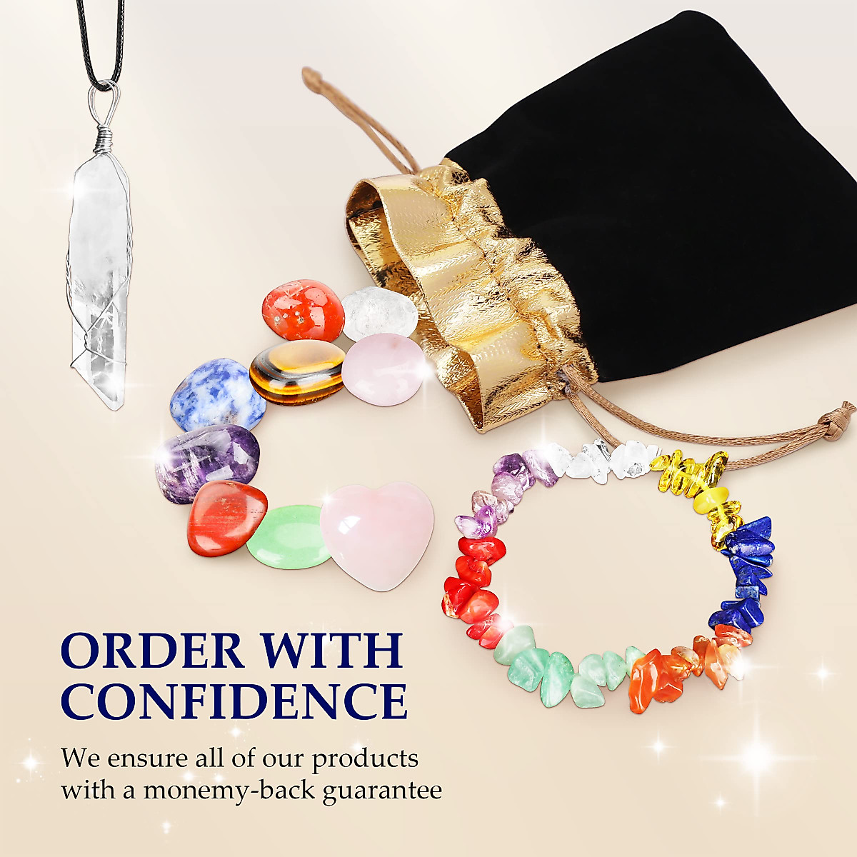 Chakra Crystals and Healing Stones Set, 9 Nature Tumbled Stone Necklace Bracelet Colorful Stone Gift Box,Rose Quartz Heart Polished Stone for Energy Reiki Balance and Anti-Anxiety+Guide…