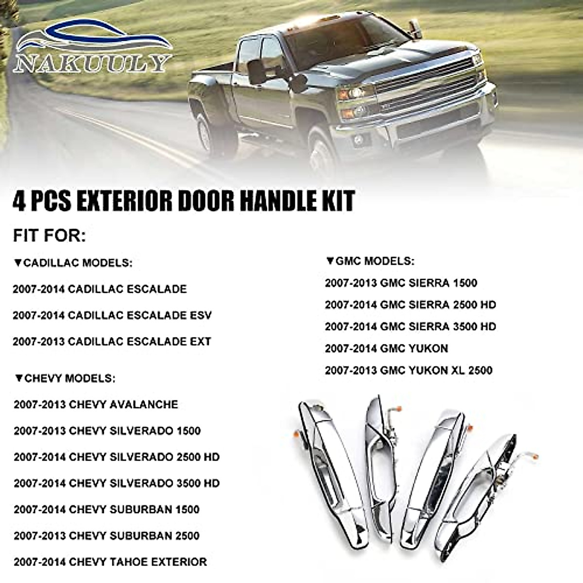 Exterior Chrome Door Handle 4 PCS Front Rear Driver & Passenger Compatible with 2007-2014 Cadillac Escalade Chevy Avalanche Silverado Suburban GMC Sierra Yukon OE # 20828258 22738721 25960525 22738722