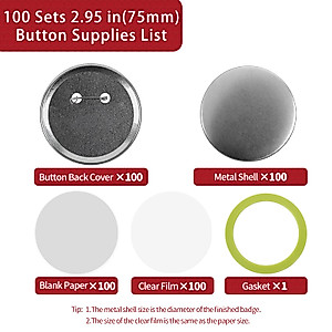 Onemorello 400 PCS Button Maker Supplies, 75mm / 2.95 inch Button Supplies Button Parts, Approx. 3 inch Metal Blank Button Badge Parts with Blank Paper for Button Maker Machine Pin Maker Button Press