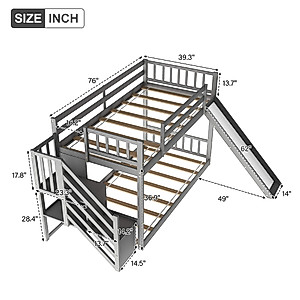 Twin Over Twin Bunk Bed with Slide and Storage Staircase, Twin Size Bunk Bed for Kids, Teens, No Box Spring Needed (Gray, Twin Over Twin)