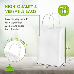 Prime Line Packaging Mini White Gift Bags with Twisted Handles, Small Business Shopping Tote, Boutique, Merchandise, Party Favor, Bulk, 6x3x9 100 Pack