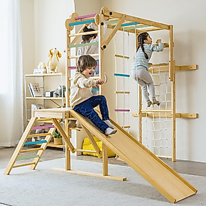 Avenlur Grove 8-in-1 Indoor Jungle Gym with Gymnastic Rings, Climbing Rope, Swing, Slide, Monkey Bars, Rope Wall Net, and Wooden and Rope Ladder - Jungle Play Set for Kids Ages 2-11 Years Old