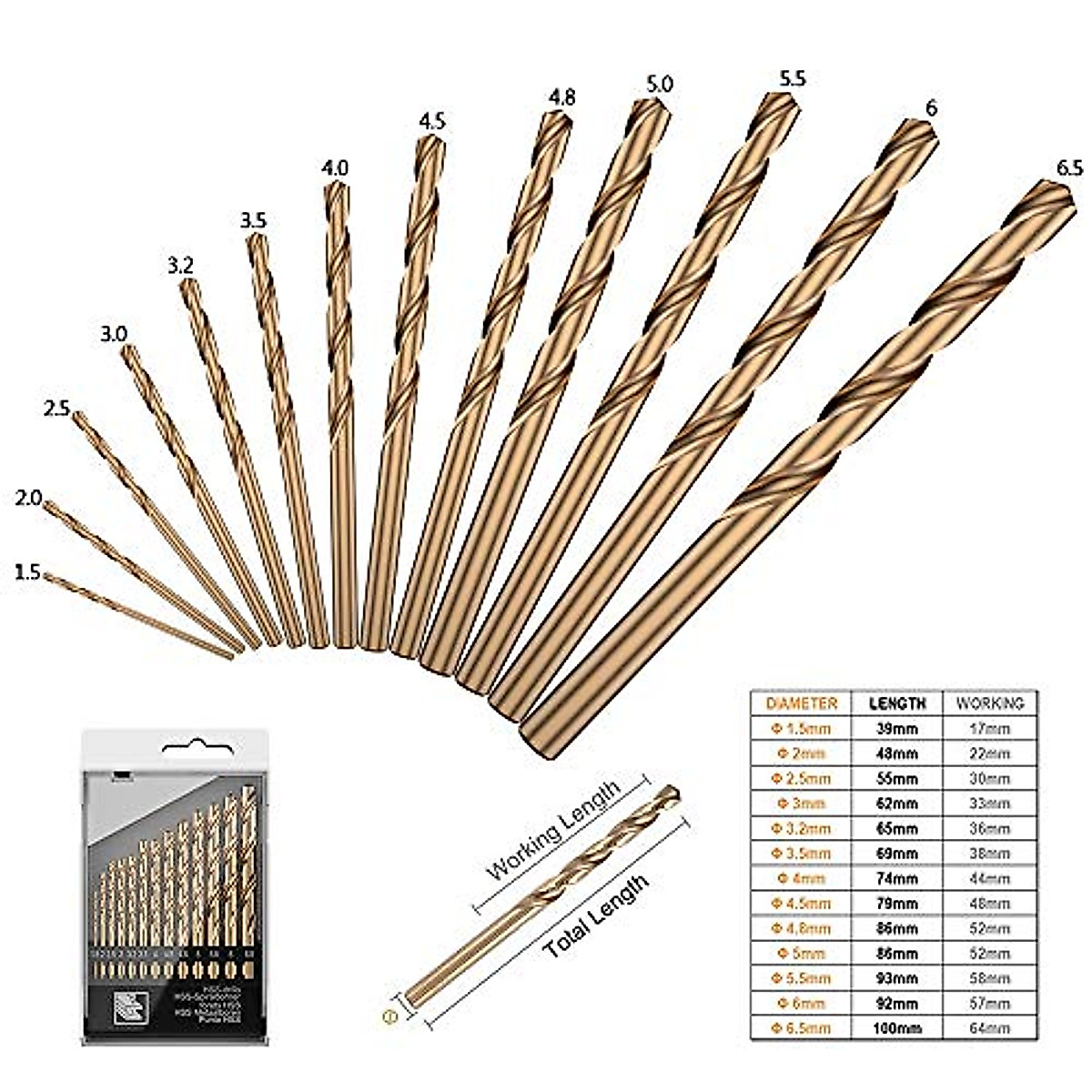 13 PCS Metric M35 Cobalt Steel Twist Drill Bit Set HSS Extremely Heat Resistant with Straight Shank to Cut Through Hard Metals Like A Hot Knife Through Butter,Such as Stainless Steel,Titanium Alloy