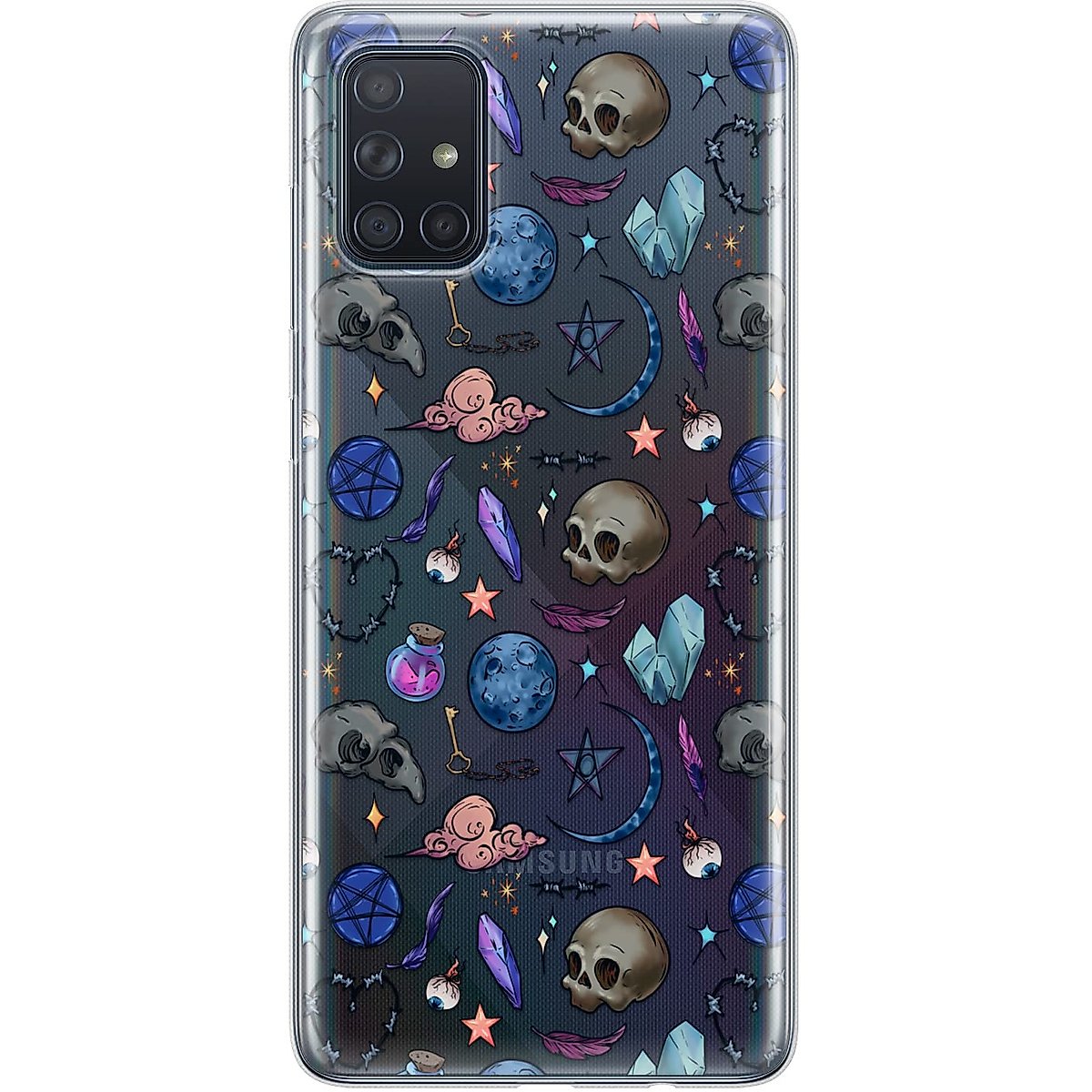 TPU Phone Case Compatible with Samsung A72 A71 5G A70 A51 A50 A32 A21 A11 A12 A13 A14 A01 Goth Barbed Wire Creepy Full Moon Silicone Shockproof Protective Print Clear Soft Occult Durable Skull
