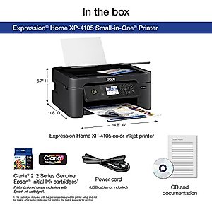 Epson Expression Home XP-4105 All-in-One Wireless Color Inkjet Printer, Black - Print Copy Scan - 2.4" Color LCD, 10.0 ppm, 5760 x 1440 dpi, Auto 2-Sided Printing, Voice Activated