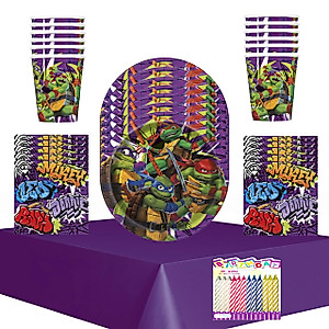 TMNT Mutant Mayhem Party Supplies Pack Serves 16 Guest: Teenage Mutant Ninja Turtles - 7" Dessert Plates Napkins Cups and Table Cover with Birthday Candles (Bundle for 16)