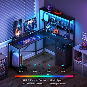 Yoobure L Shaped Desk with Pegboard, Reversible Gaming Desk with LED Lights & Power Outlets, Computer Desk with Drawers & Storage Shelves, Office Desk with Monitor Stand Corner Desk Home Office Desks