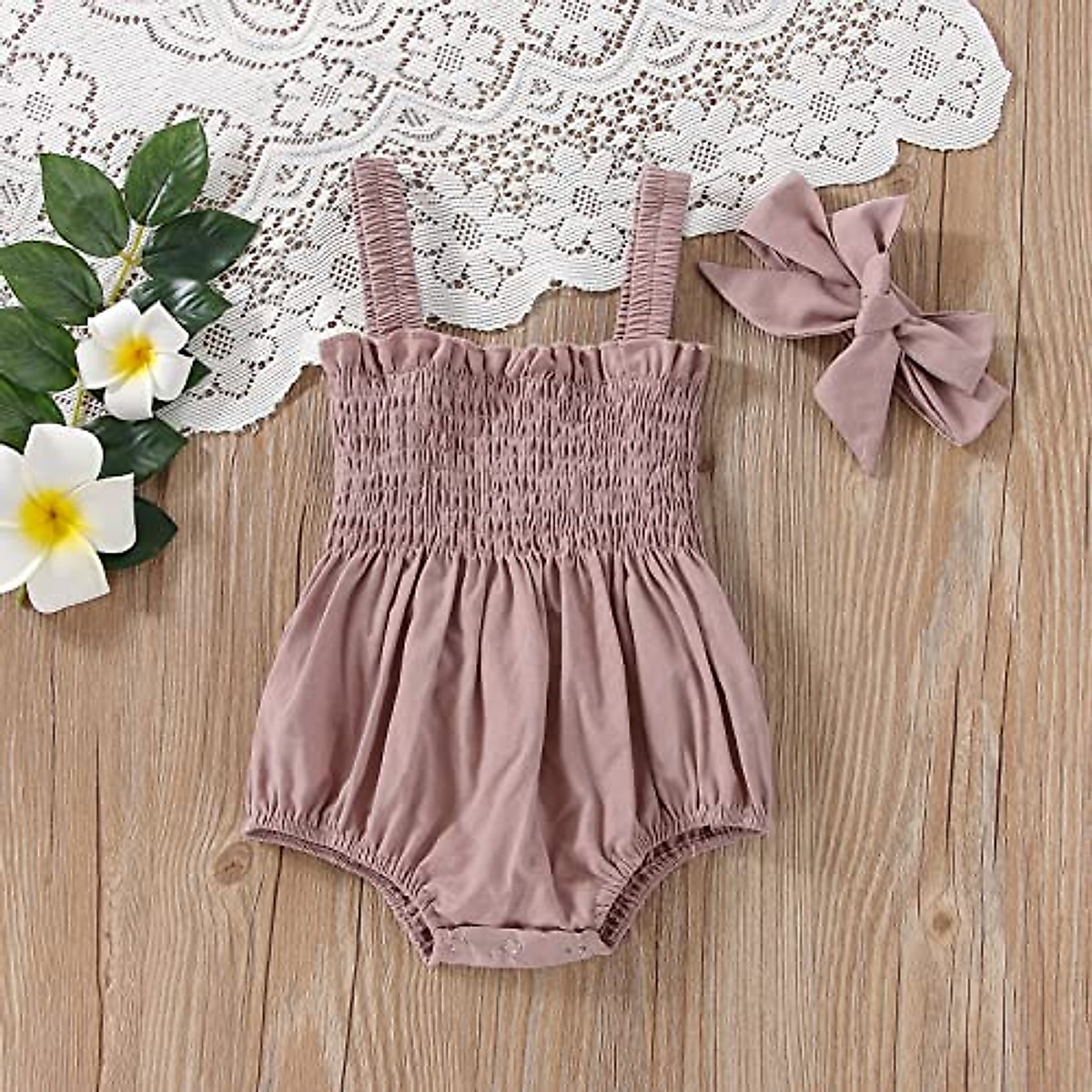 Infant Baby Girls Floral Cotton Strappy Halter Romper Bodysuit and Headband Ruffled Jumpsuit Sunsuit Baby Girl Summer Clothes (Solid Pink, 0-3M)