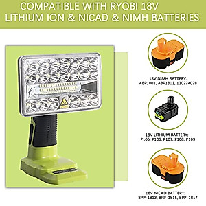 YEX-BUR Cordless LED Work Light for Ryobi 18-Volt ONE + Lithium Ion NiCd NiMh Batteries P108, 18W 2000LM Power LED Spotlight Handheld Flashlight Portable Jobsite Light with 110 Degree Pivoting Head