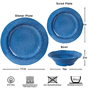 LEHAHA Melamine Dinnerware Sets, Dishes Sets for 4, 12 Piece Plates and Bowls Sets, Unbreakable BPA Free Reactive Blue Ceramic Design Plates Set for Indoor and Outdoor Use, Dishwasher Safe