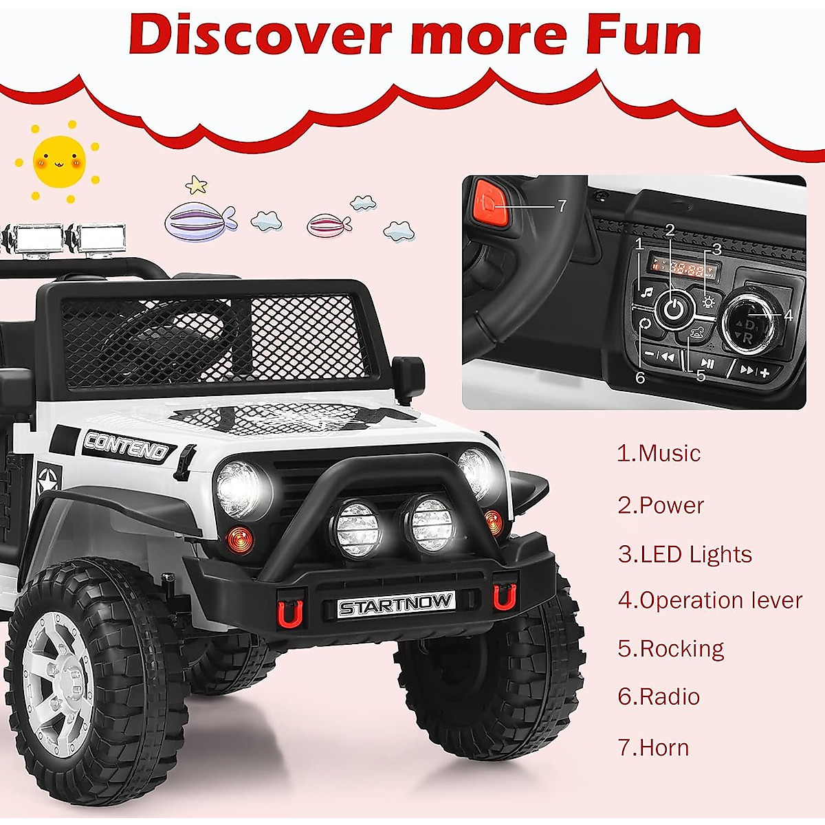 Costzon 2-Seater Ride on Truck, 12V Battery Powered Electric Vehicle w/Remote Control, 2 Speeds, Spring Suspension, LED Light, Horn, Music/ MP3, 2 Doors Open, Ride on Car for Kids (White)