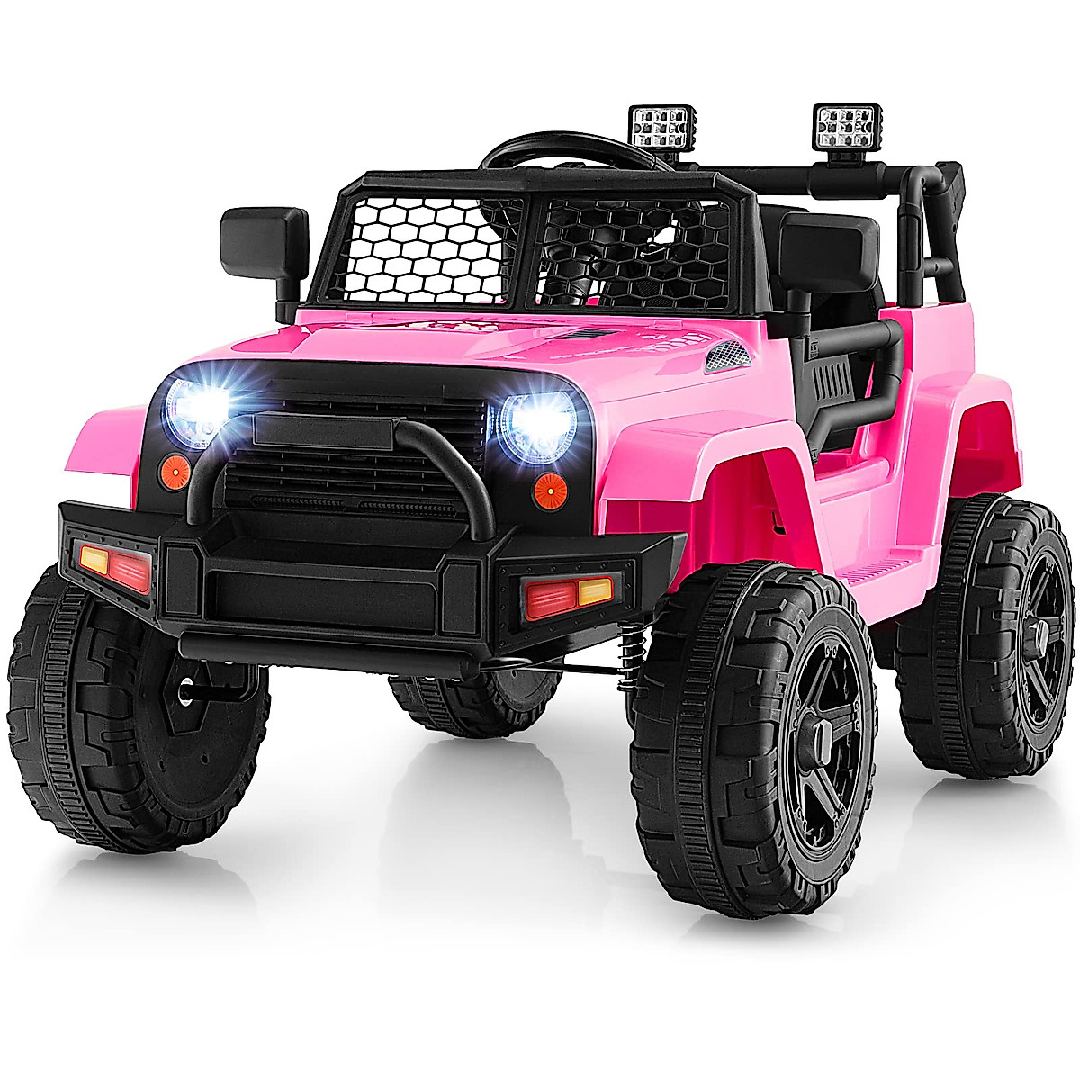 Costzon Ride on Car, 12V Battery Powered Electric Vehicle w/Parent Remote Control, Spring Suspension, Storage, 3 Speeds, LED Light, MP3, Music, USB & AUX Port, Safety Belt, Kids 4 Wheeler Truck, Pink