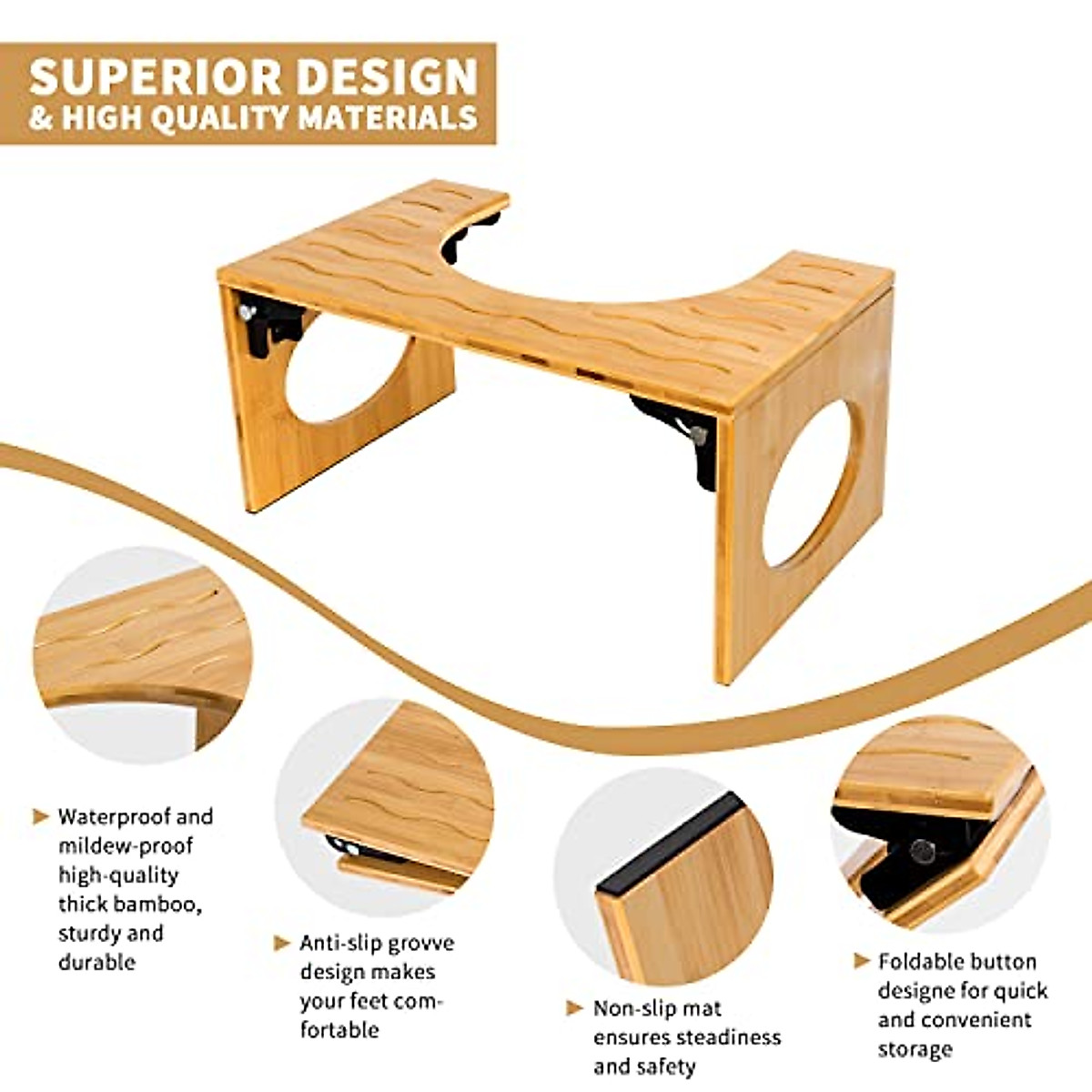 BQYPOWER Toilet Stool, Bamboo 8 Inch Toilet Potty Stool, Foldable Bathroom Poop Stool with Non-Slip Mat for Adults Children…