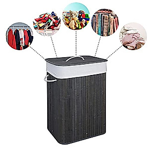 Clothes Laundry Hamper with Rope Handles Bamboo, with 2 Removable Liner Bags, Grey