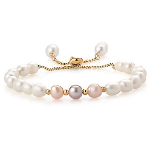 Gem Stone King Multicolor Cultured Freshwater Pearl Box Chain Yellow Gold Plated Bracelet For Women with Slider Clasp Fully Adjustable Up to 9 Inch