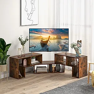 BUSHLY 3 Pieces Console TV Stand, Modern Multimedia Furniture for 50 55 60 65 Inch Flat Screen TV, DIY Open Storage Bookcase Shelf for Storage and Display, Suitable for Living Room Bedroom (Brown)