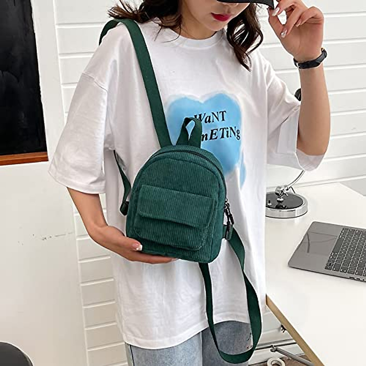 AZURAOKEY Women Mini Backpack Corduroy Girls Bookbags Travel Rucksack (Dark Green)