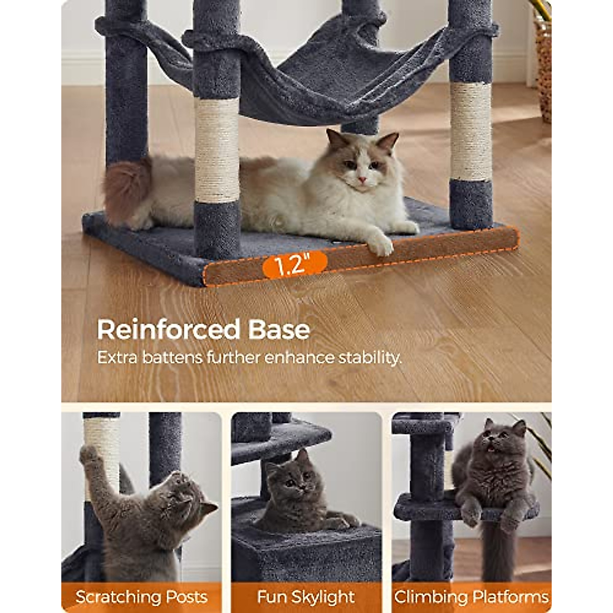 Feandrea Cat Tree, 75.2-Inch Cat Tower for Indoor Cats, Plush Multi-Level Cat Condo with 5 Scratching Posts, 2 Perches, 2 Caves, Hammock, 2 Pompoms, Smoky Gray UPCT191G01