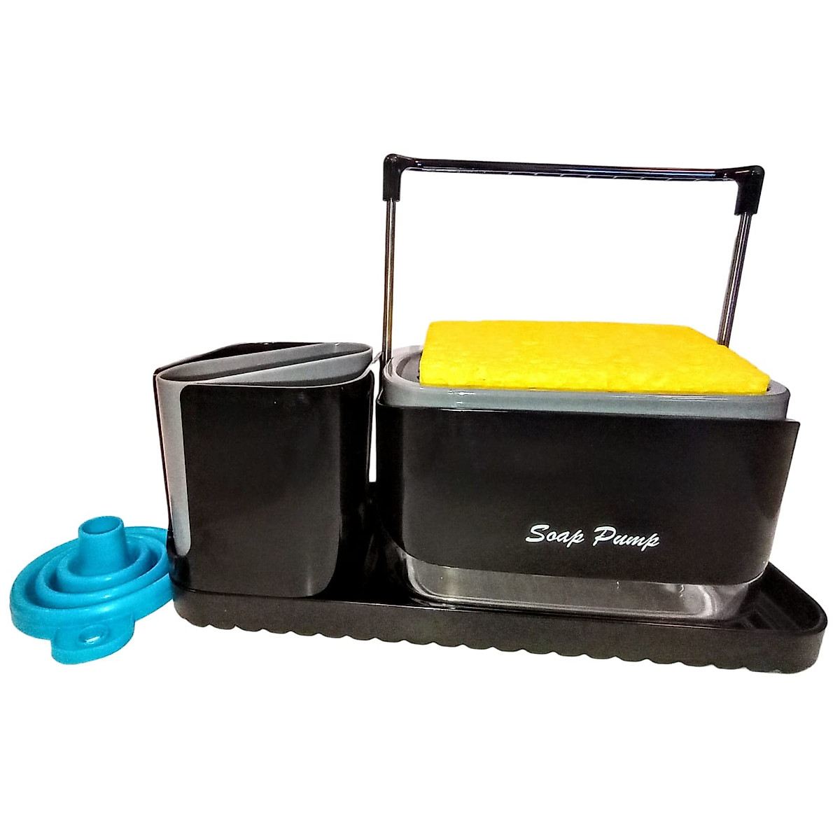 Dish Soap Dispenser for Kitchen with Sponge Holder, Dishcloth and Brush Holder, Countertop Caddy Organizer for Kitchen Sink Easy Fill with Funnel
