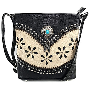 Zelris Floral Western Pu Tooled Leather Turquoise Concho Feathers Women Concealed Carry Crossbody Messenger Bag (Beige)
