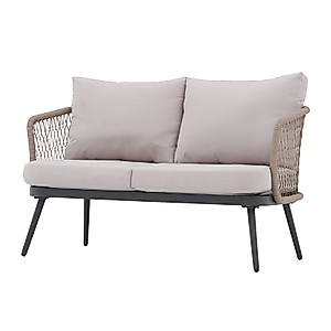OC Orange-Casual Patio Furniture Loveseat with Thick Cushions,Outdoor Wicker Double Chair Conversation Sofa for Backyard,Garden, Beige Wicker