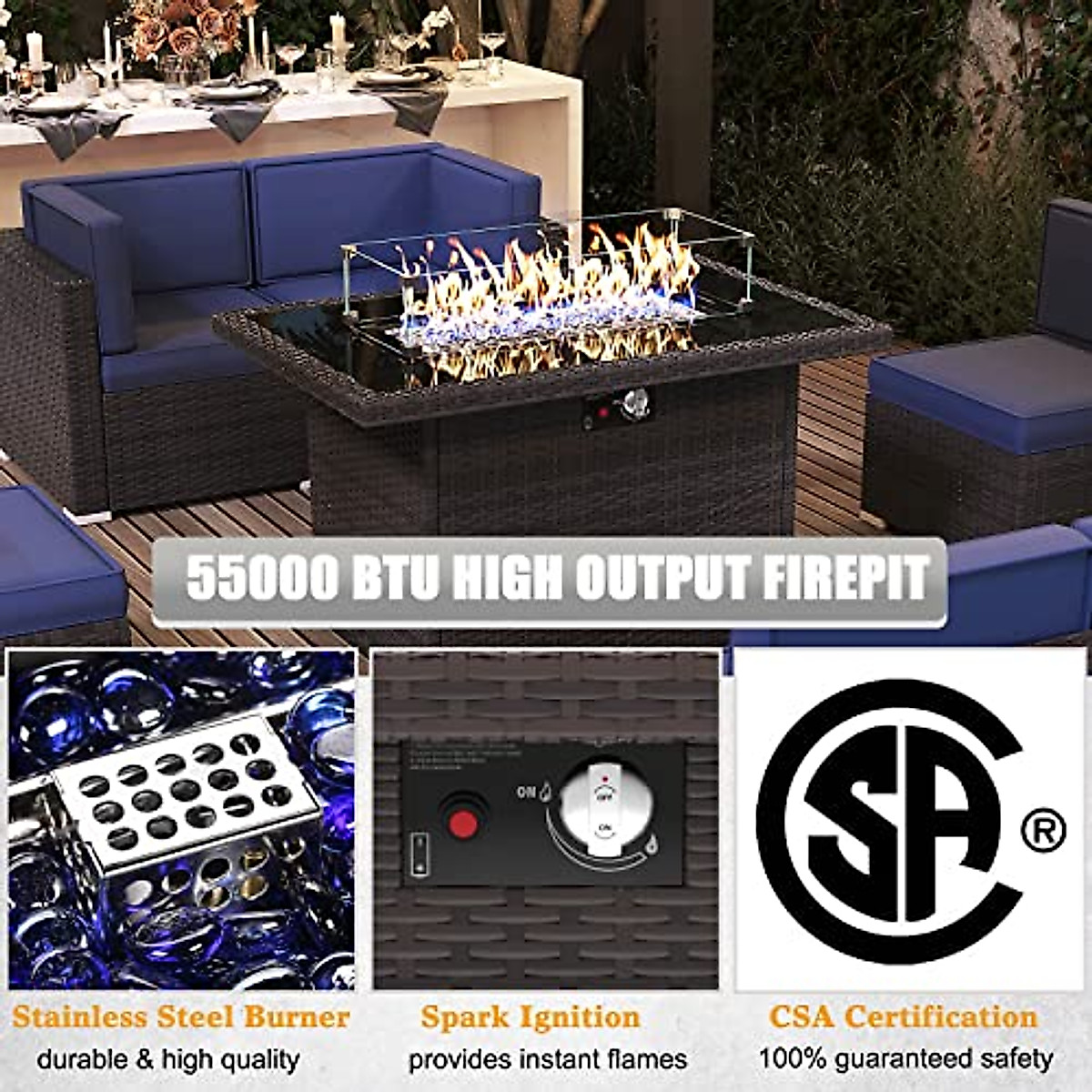 LayinSun 8 Pieces Outdoor Patio Furniture Set with 44" Fire Pit Table Brown Rattan Sectional Sofa Conversation Sets