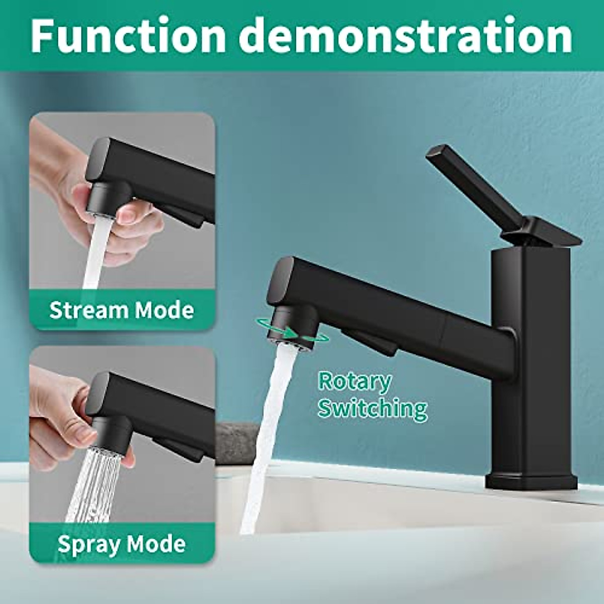 HEROBAI Single Hole Bathroom Faucet, Single Handle Modern Pull Out Bathroom Sink Faucet with 3 Water Flow Modes, Fountain Bathroom Faucets with Sprayer (Black, Regular)