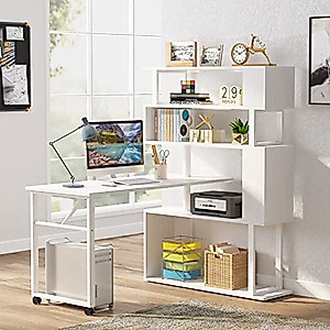 Tribesigns Rotating Computer Desk with 5 Shelves Bookshelf, Modern L-Shaped Corner Desk with Storage, Reversible Office Desk Study Table Writing Desk on Wheels for Home Office (White)