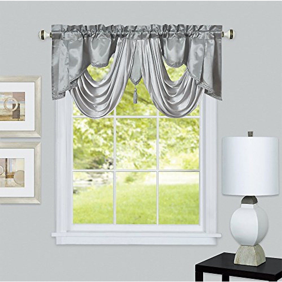 GOHD Valarie Fancy Window Valance. 54 x 18. Taffeta Fabric with Soft Satin Swag. Add Some Royal luxruy Accent to Your Home. (Grey)