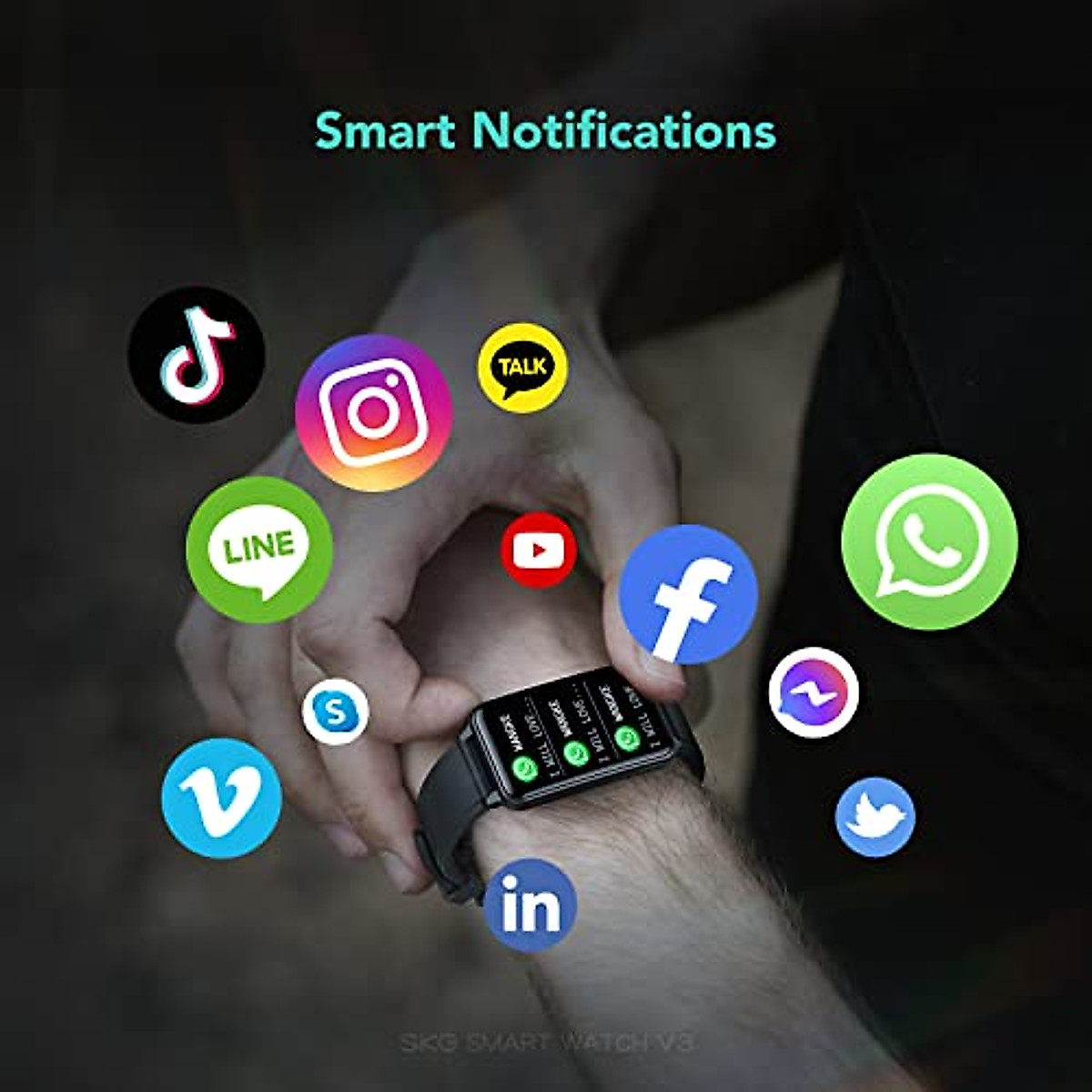 SKG Activity Fitness Tracker for Men Women with 24/7 Heat Rate, Blood Oxygen, Sleep Monitoring, Pedometer Fitness Watch with Step/Calories/Distance, Message Notification, Music Control & Shutter, V3