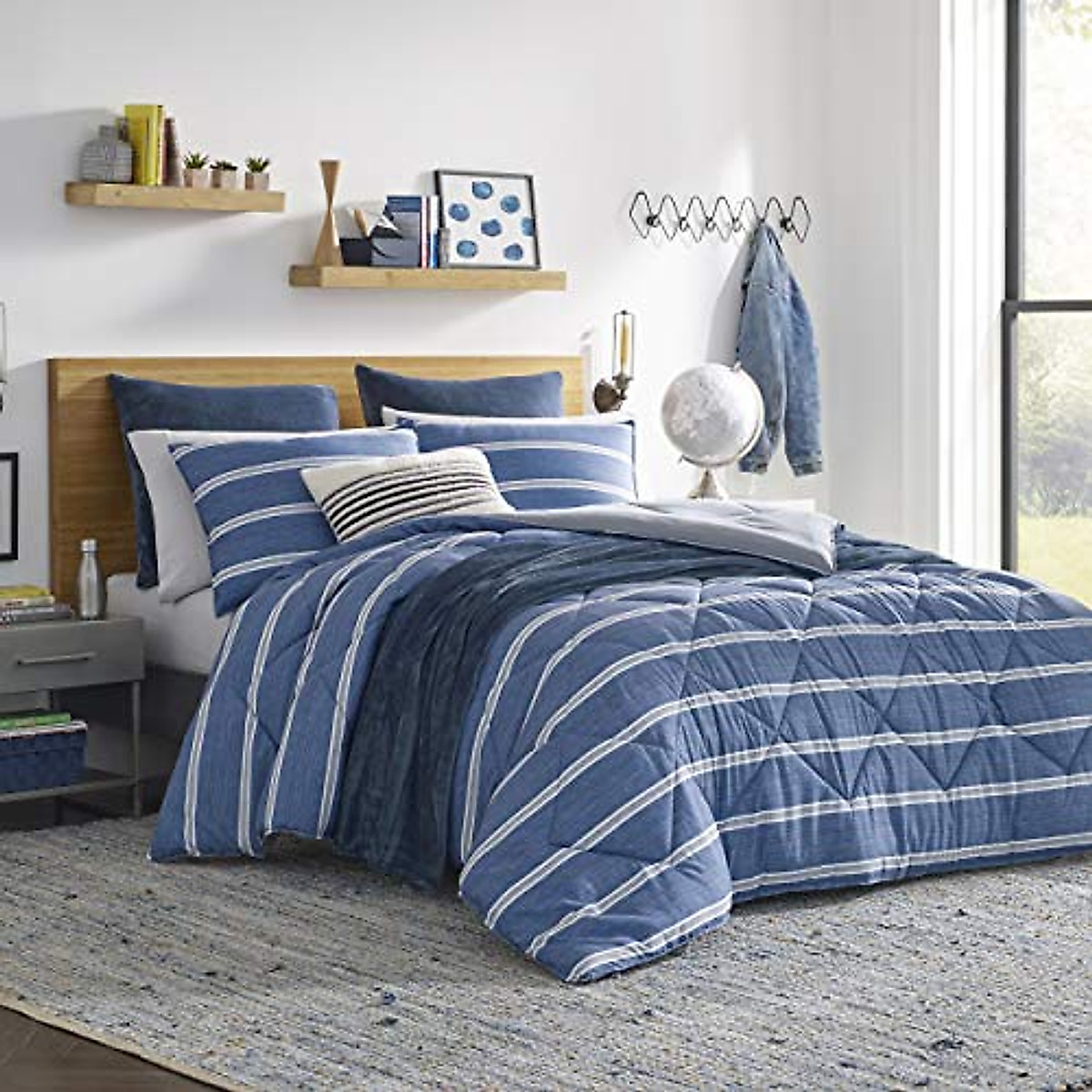 Nautica | Keller Collection | Ultra Soft & Cozy Silky Microfiber Reversible Box Quilted Comforter Matching Shams, 3-Piece Bedding Set, Queen, Blue/Grey