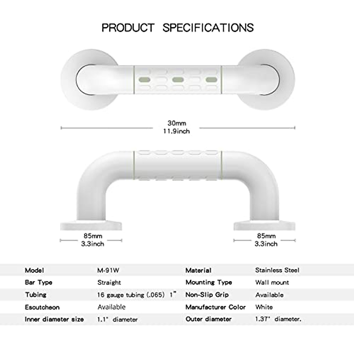 Stainless Steel Shower Grab Bar with Plastic-Plated Finish, Shower Grab Bars for Seniors, Luminous Circles and Cover Flange, Bathroom Handicap Handrails, White 12 inch